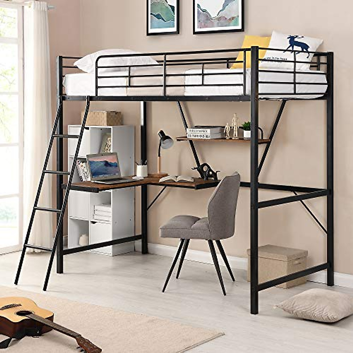 MOEO Twin Size Loft Bed with L-Shaped Desk and Shelf, Metal Steel Bedfram w/Guardrail for Kids, Home, No Spring Box Required, Black