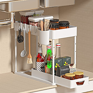 Seasky Adjustable Height Under Sink Organizers and Storage, 2 Tier Sliding Bathroom Organizer, Kitchen Organizer Multipurpose Under Sink Cabinet Storage with 4 Hooks and 1 Hanging Cup