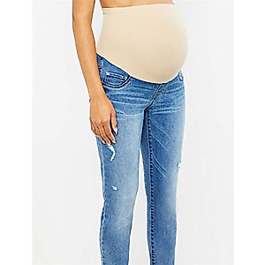 Motherhood Maternity Women's Indigo Blue Sustainable Secret Fit Over The Belly Skinny Leg Pregnancy Jeans with Pockets, Dark Wash, Large