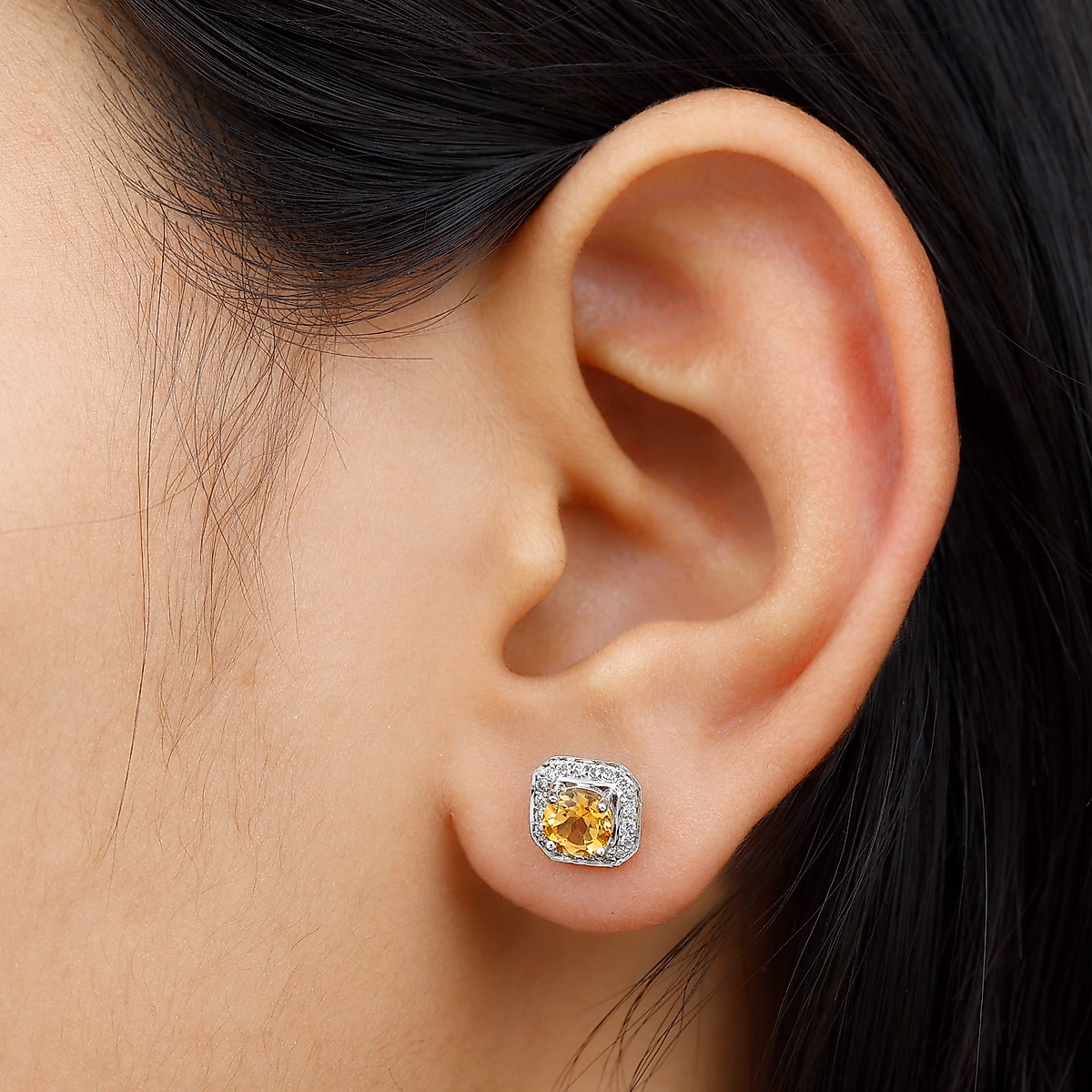 Certified Citrine and Diamond Halo Stud Earrings for Women, 1.25 cttw, Aaa Quality, 14K White Gold