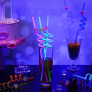 Gerrii 24 Pcs Glow in the Dark Party Favors Crazy Straw with 24 Luminous Toppers Reusable Twisty Straws Plastic Swirly Straws for Kids Neon Party Supplies Theme Birthday Drinking Decorations, 8 Styles
