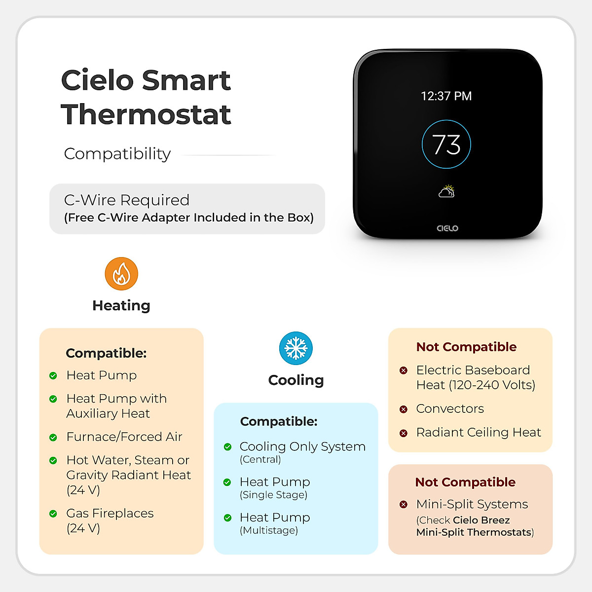 Cielo Smart Thermostat | Supports Conventional Systems up to (2H/2C) & Heat Pumps (4H/2C) | Alexa, Google, Siri Shortcuts, SmartThings, IFTTT | Touchscreen Color Display | Free C-Wire Adapter