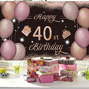 Happy 40st Birthday Backdrop Banner Black Pink 40th Sign Poster 40 Birthday Party Supplies for Anniversary Photo Booth Photography Background Birthday Party Decorations, 72.8 x 43.3 Inch