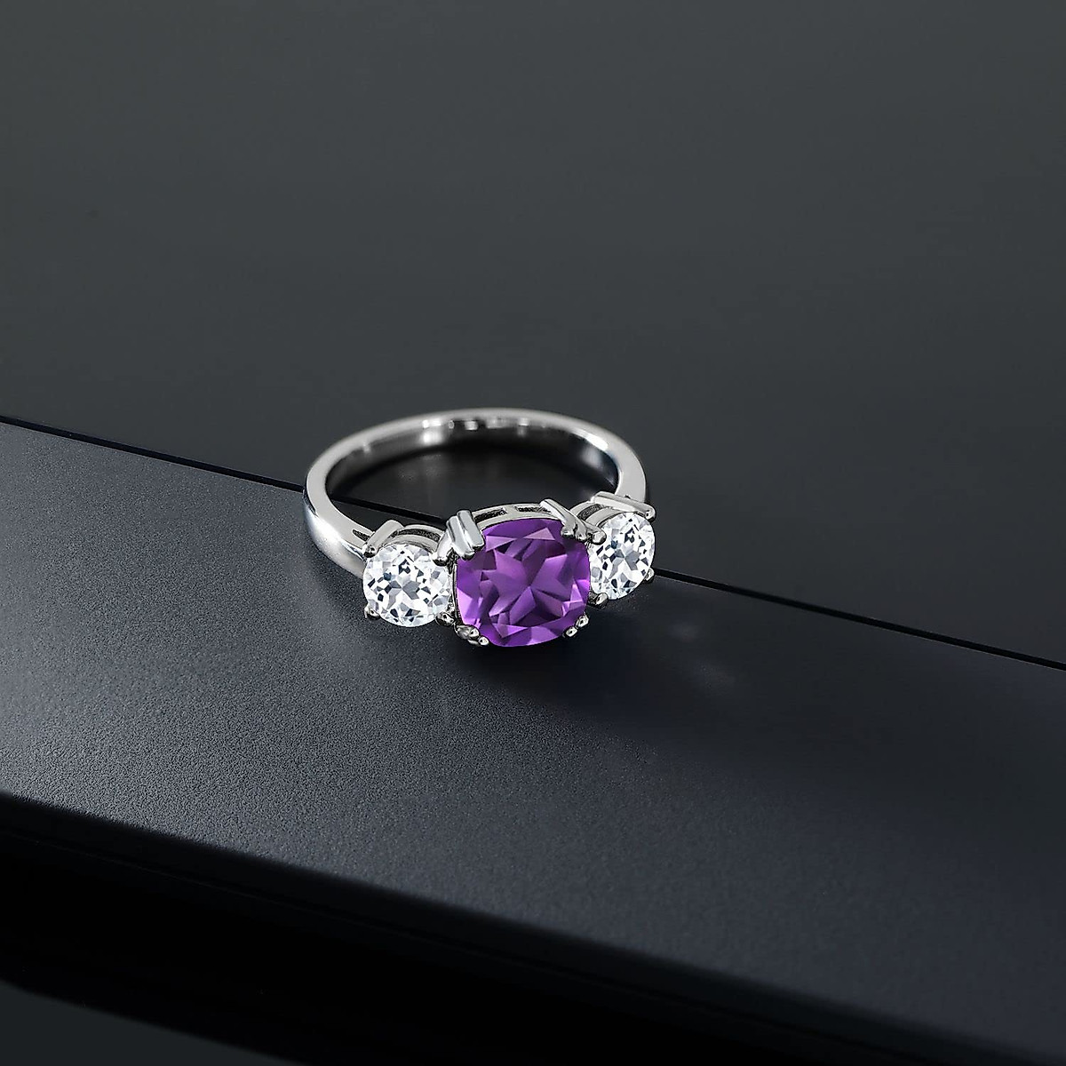 Gem Stone King 925 Sterling Silver Purple Amethyst and White Topaz 3 Stone Engagement Ring For Women (3.30 Cttw, Gemstone February Birthstone, Cushion 8MM, Size 9)