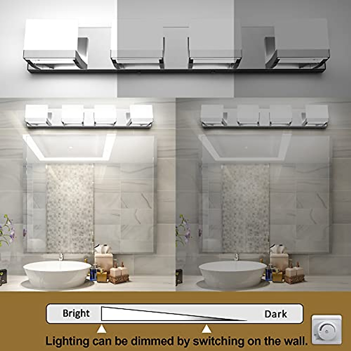 Tipace Dimmable Modern 4 Lights LED Vanity Light for Bathroom Up and Down Chrome Bathroom Wall Light Fixtures Over Mirror(White Light 6000K)