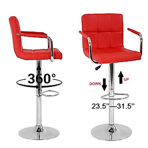 BestOffice Modern Bar Stool Set of 2 Barstools Armrest Height Adjustable Counter Stools Bar Chairs Swivel Bar Stool PU Leather Hydraulic Dining Room Chairs Home Kitchen Stools (Red)