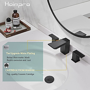 Hoimpro 3 Holes 8 Inch Widespread Bathroom Faucet, Waterfall Two Handles Bathroom Sink Faucet with Pop Up Drain, Bathroom Sink Faucet with cUPC Supply Hoses, Stainless Steel, Matte Black