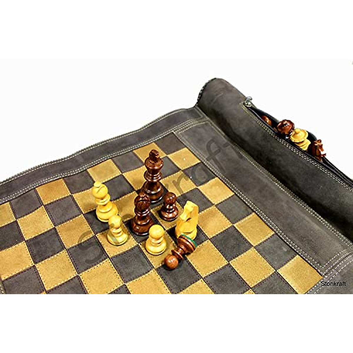 Stonkraft - 19" x 15" (Chess Board Size 12" x 12") Genuine Roll-Up Leather Chess Set - with Wooden Chess Pieces - Brown | with Innovative Carry Pouch