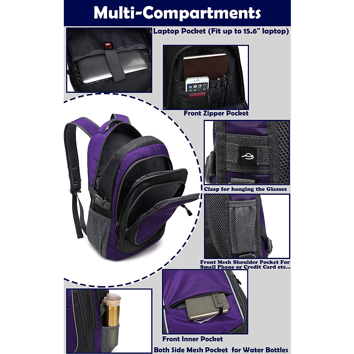 Backpack for School College Student Sturdy Bookbag Travel Business with USB Charging Port Laptop compartment Chest Straps Anti Theft Night Light Reflective (Purple)