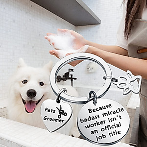 bobauna Pet Groomer Gift Because Badass Miracle Worker Isn't an Official Job Title Grooming Keychain Paw Print Jewelry Gift For Dog Hairdresser Dog Lover (badass keychain pet groomer disc)