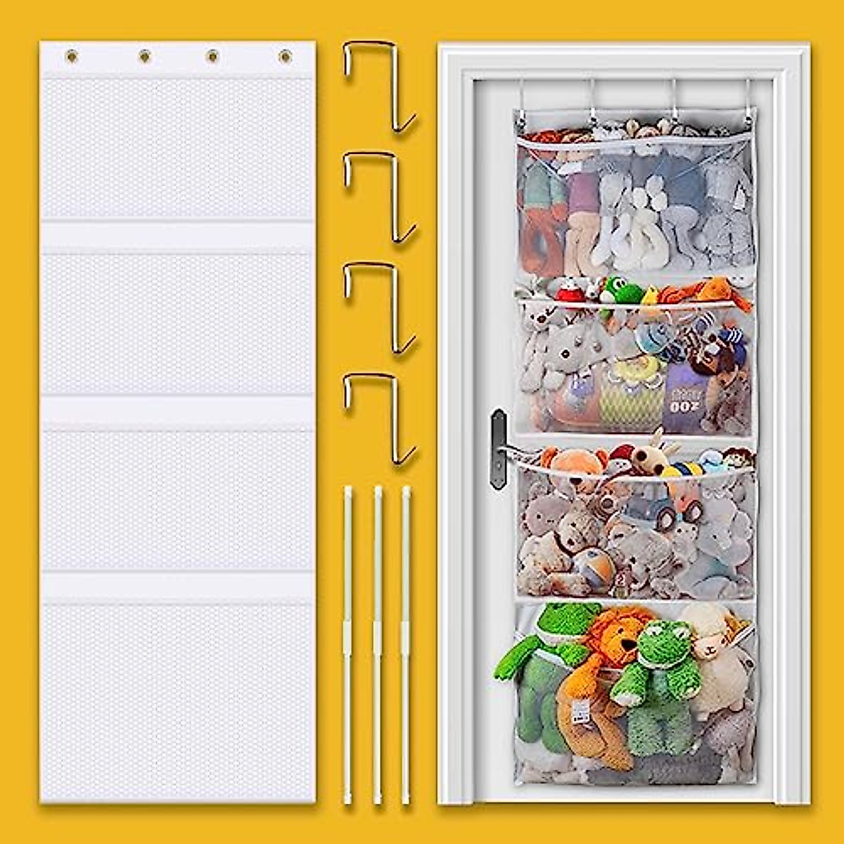 DBEES Stuffed Animal Storage, Large Capacity Over Door Stuffed Animal Organizer, 4 Expandable Mesh Net Pockets Breathable Hanging Plush toy storage, for Boys, Girls, Organizing Nursery, Bedroom