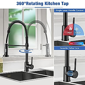 AIMOYO Matte Black Kitchen Faucet with Pull Down Sprayer, Commercial Spring Kitchen Sink Faucet with Pull Out Sprayer, Single Handle Single Hole Solid Brass Modern Camper RV Kitchen faucets
