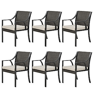 HAPPATIO Outdoor Wicker Chair, All-Weather Wicker Rattan Patio Dining Chair with Removable Cozy Cushions,Set of 6 for Patio Garden Backyard (Beige)