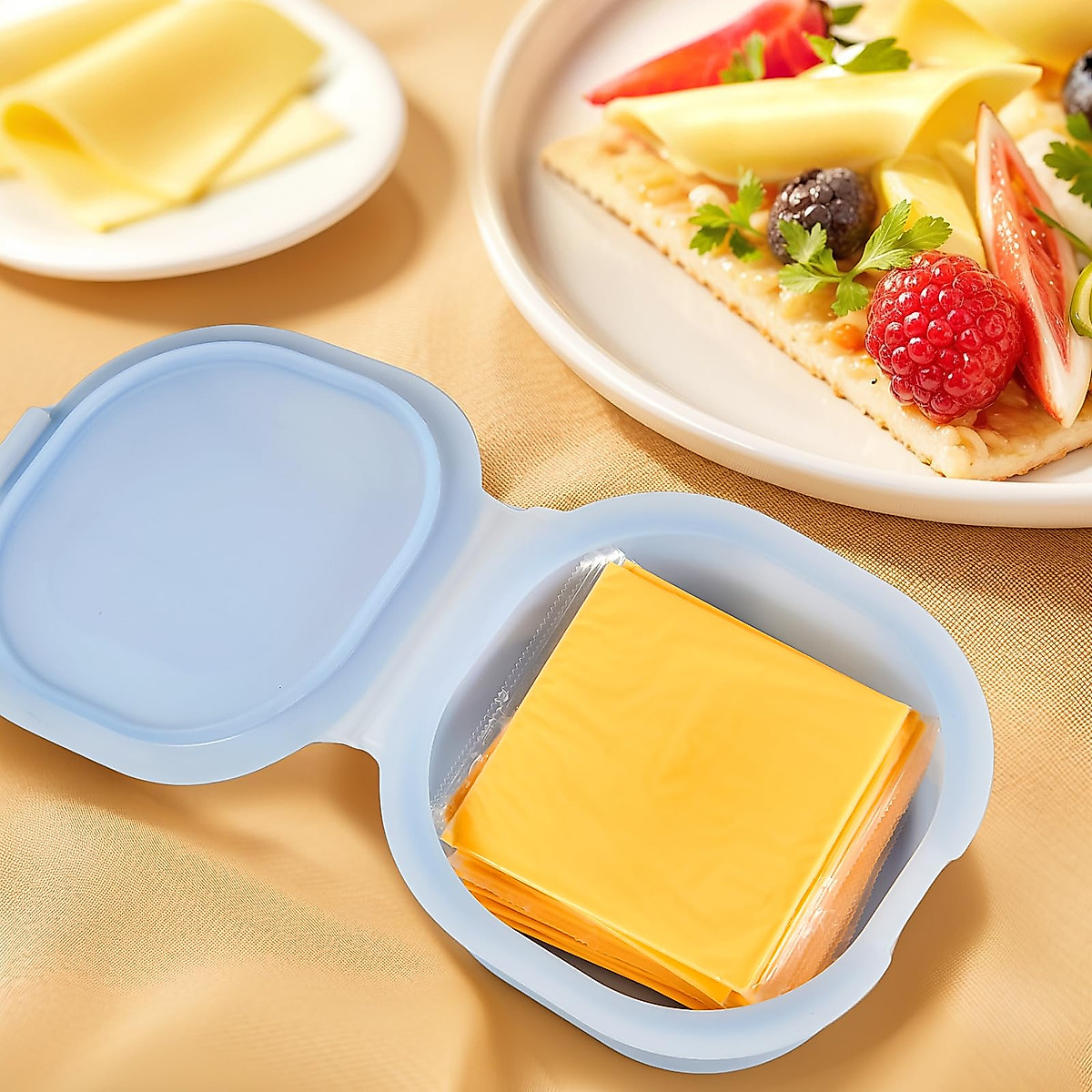 Silicone Cheese Container for Refrigerator, Blue Sliced Cheese Container Holder Cheese Storage Keeper for fridge, Snack Food Storage Container Box, 7oz Bowl with Lid Stackable Dishwash-safe