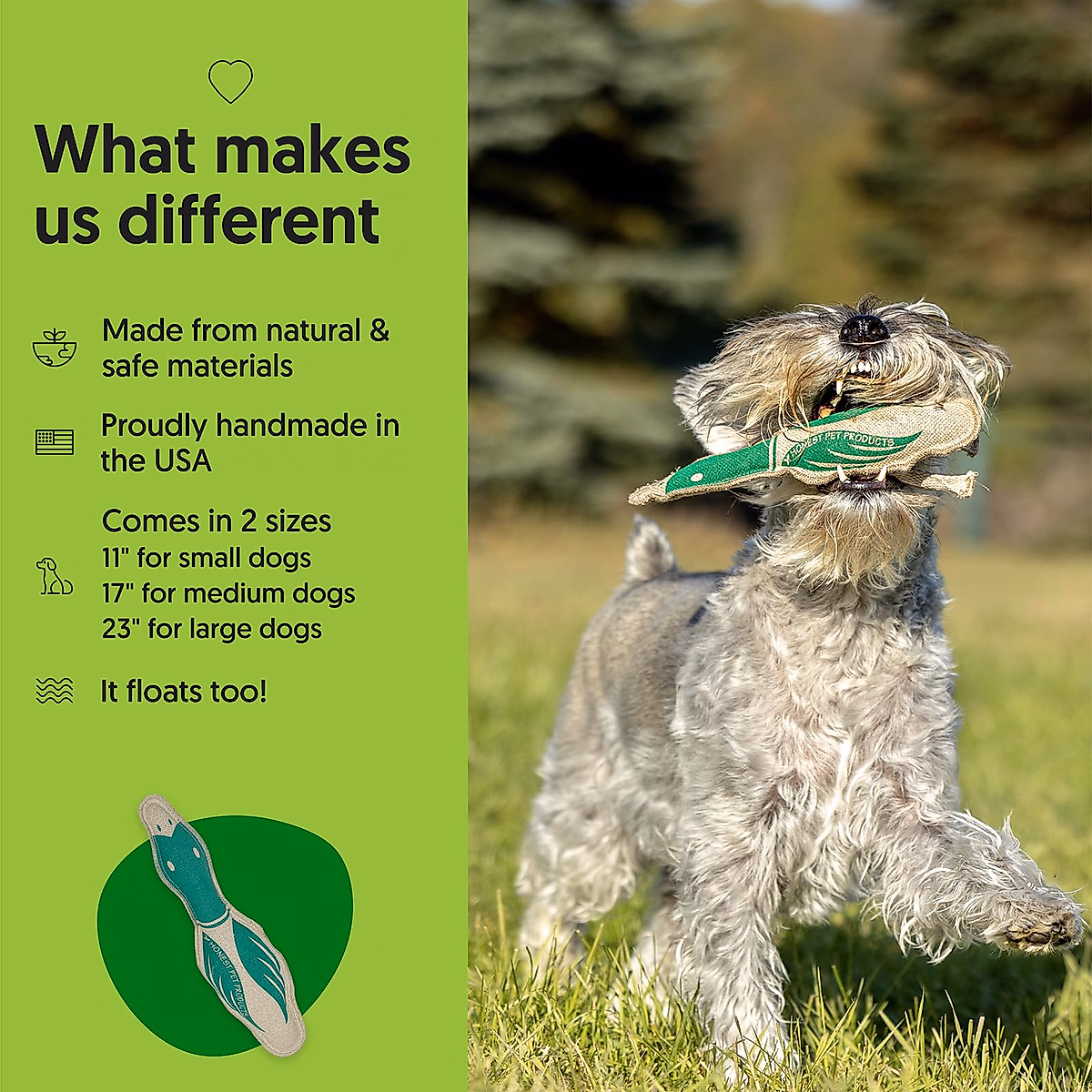 Honest Pet Eco-Quacker Duck Dog Toy - Durable, Floating, Squeaky Fetch Toy - 100% Natural Hemp Canvas & Wool, Lead-Free Ink - Large 23" x 6" x 2.5" Eco-Friendly Dog Toy