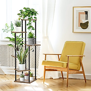 Oppro 6 Tier Tall Corner Plant Stands Indoor, 45Inch Large Metal Wood Flower Pot Shelf for Multiple Plants, Tiered Plant Holder Display Rack for Outdoor Balcony Garden Patio Living Room (Black)