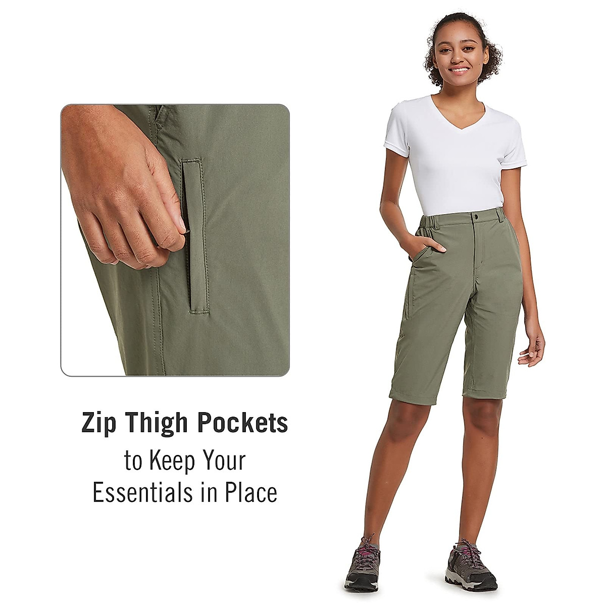 baleaf Women's Hiking Shorts Bermuda Long Knee Length Quick Dry Stretch Elastic Waist for Camping, Travel Sage Green Size XL