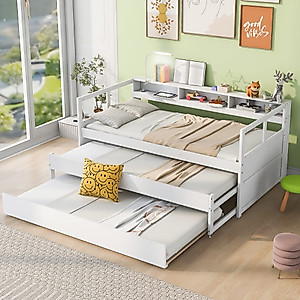 RORIGAT Twin XL Wood Daybed with 2 Trundles, 3 Storage Cubbies, 1 Light for Free and USB Charging Design, No Box Spring Needed, Wooden Platform Bed for Kids Teens Adults,White