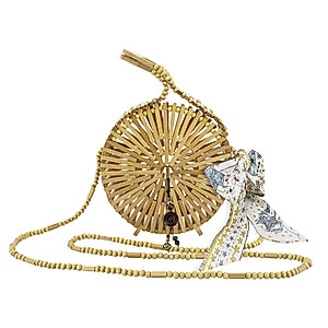 Womens Bamboo Handbag Handmade Tote Bag, Summer Vintage Straw Wooden Hollow out Mini Bags, Type: Round