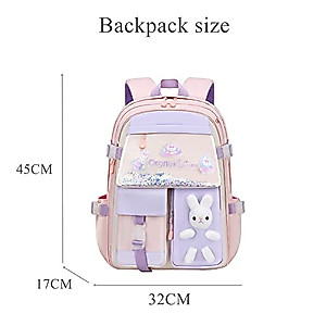 EKUIZAI Colorful Cute Backpack for Girls Elementary Schoolbag Sweet and Kawaii Kid's Backpack with Rabbit dolls