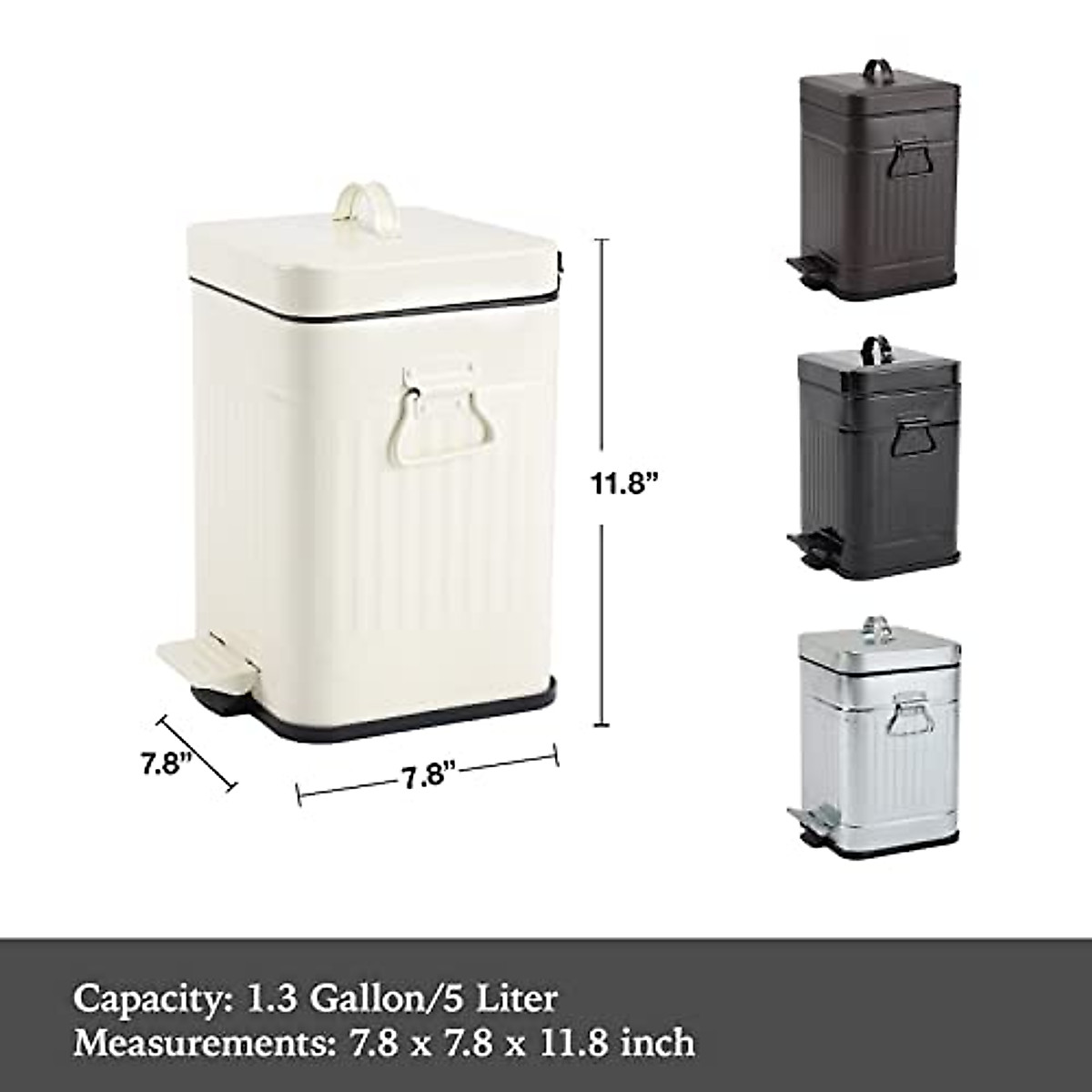 Bathroom Trash Can, Vintage Metal Garbage Bin for Kitchen, Bedroom, Living Room with Soft Close Lid, Small Farmhouse Retro Indoor Waste Basket with Foot Pedal, 1.3 Gallon/ 5 Liter, Glossy Black