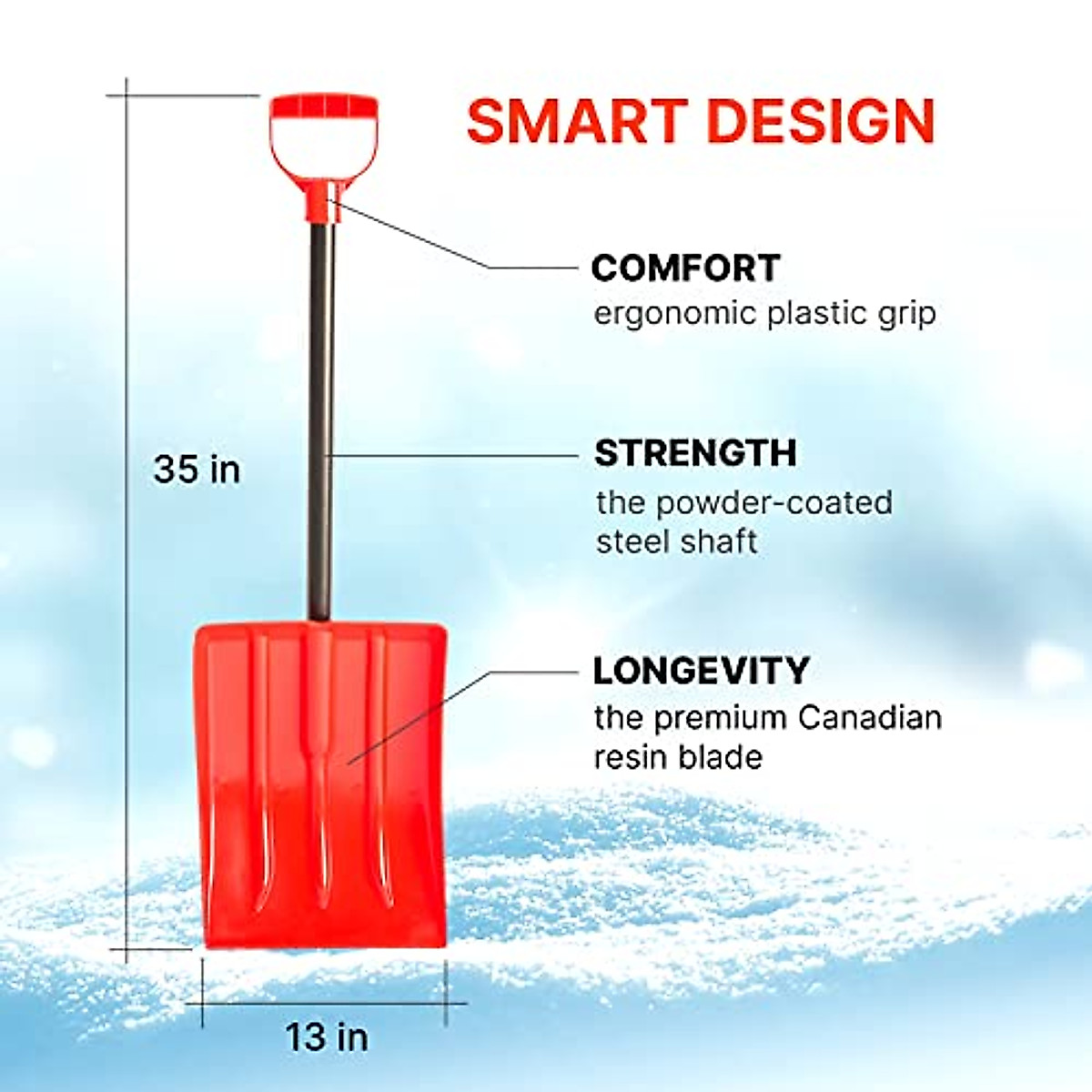 Kids' Snow Shovel – Steel Shaft with Ergonomic Handle – Snow Shovel for Kids Red – Works Great for The Car as an Emergency Shovel for Home Garage & Garden
