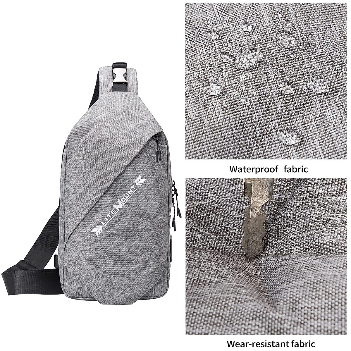 LITEMOUNT Lightweight Outdoor Crossbody Sling Backpack, Shoulder Sling Bag, Chest Backpack with USB Charging & Audio Ports (Grey)
