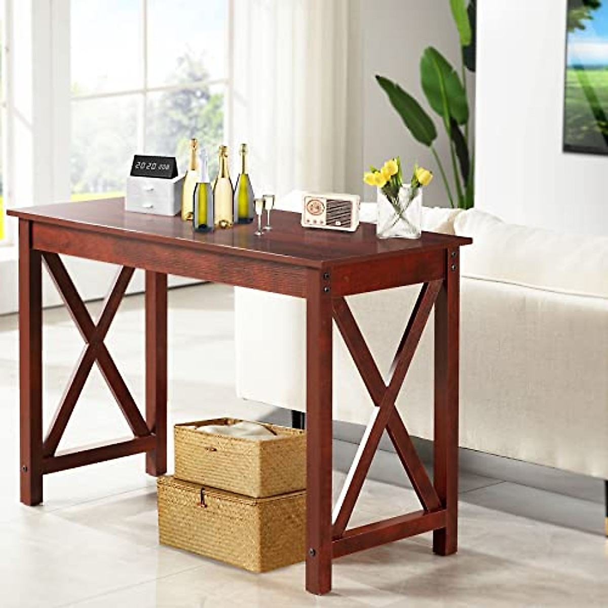 MINOSYS Writing Desk – 43.3” Computer Desk for Home Office, Sturdy Wooden Grain Work Desk with X Frame, Console Table for Living Room, Entryway, Study Room, Sofa, Cherry Color Farmhouse Desk.