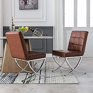 LukeAlon PU Leather Dining Chairs Set of 2, Upholstered Button Tufted Dining Room Chairs with Metal Legs Modern Armless Dinner Chairs Comfy Side Chairs for Kitchen, Brown