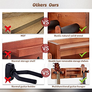 MIRIO Double Guitar Wall Mount with Shelf, Solid Wood Guitar/Ukulele Hangers with 2 Guitar Holders and Pick Holders for Wall Mount- Brown