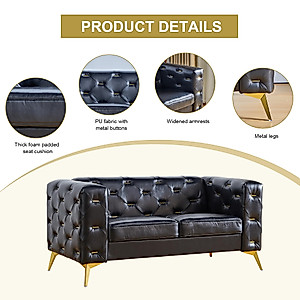 LEVNARY Black Leather Couch Loveseat, Modern Button Tufted Upholstered 2 Seater Couch, Comfy Chesterfield Sofa Couches for Living Room Bedroom Office (Black)