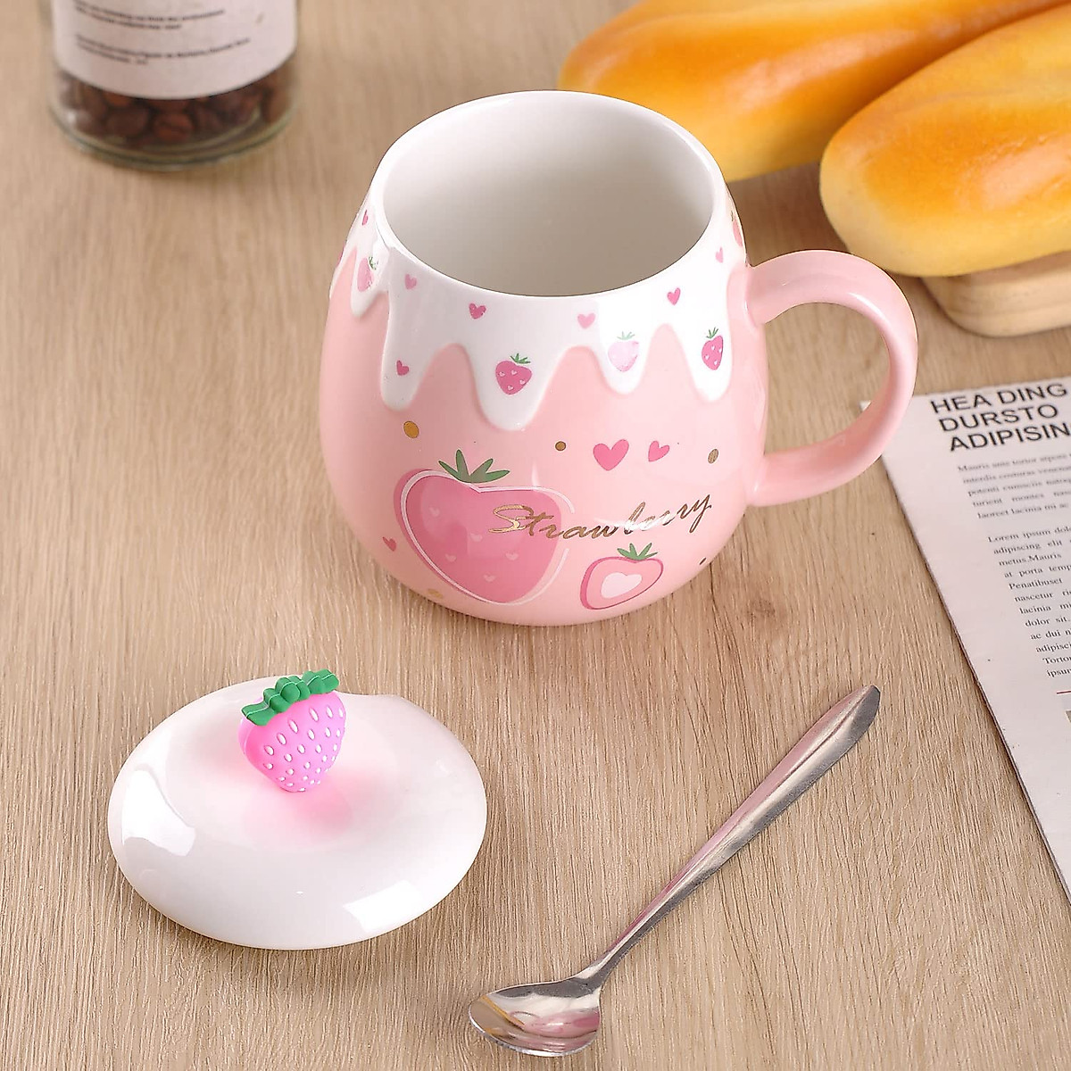 WHJY Pink Female Coffee Cup Mug, Strawberry Korean Lovely Student Ceramic Breakfast Cup with Lid and Spoon – 450ml/15oz, Pink D