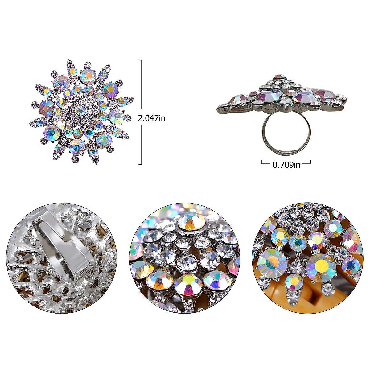 Alilang Adustable Silvery Tone Iridescent Clear Crystal Colored Rhinestones Floral Ring