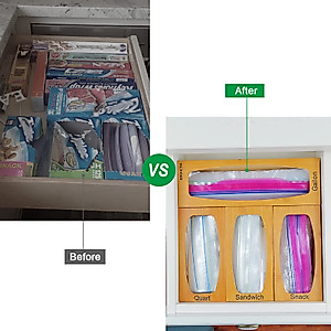 CRAKTH Bamboo Ziplock Bag Storage Organizer for Kitchen Drawer, 4 Separate Baggie Organizer, Suitable for Gallon, Quart, Sandwich & Snack Variety Size Bag