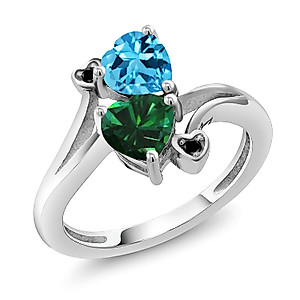 Gem Stone King 925 Sterling Silver Swiss Blue Topaz Green Nano Emerald and Black Diamond Ring For Women (1.66 Cttw, Heart Shape 6MM, Gemstone November Birthstone, Available In Size 5, 6, 7, 8, 9)