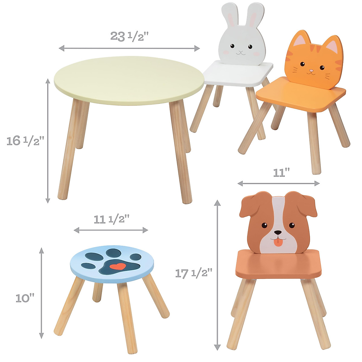 Kids Wooden Animal Table & Chair Set w 4 Seats- Puppy Kitten Bunny Plus Adult Stool for Arts Crafts, Dining, Pretend Play- Durable Playroom Furniture for Home, Daycare Classroom- Toddler Xmas Gift