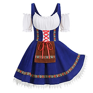 Colorful House Women's Oktoberfest Costume Adult Off-Shoulder Beer Maid Costume for Bavarian Carnival(Blue, Large)