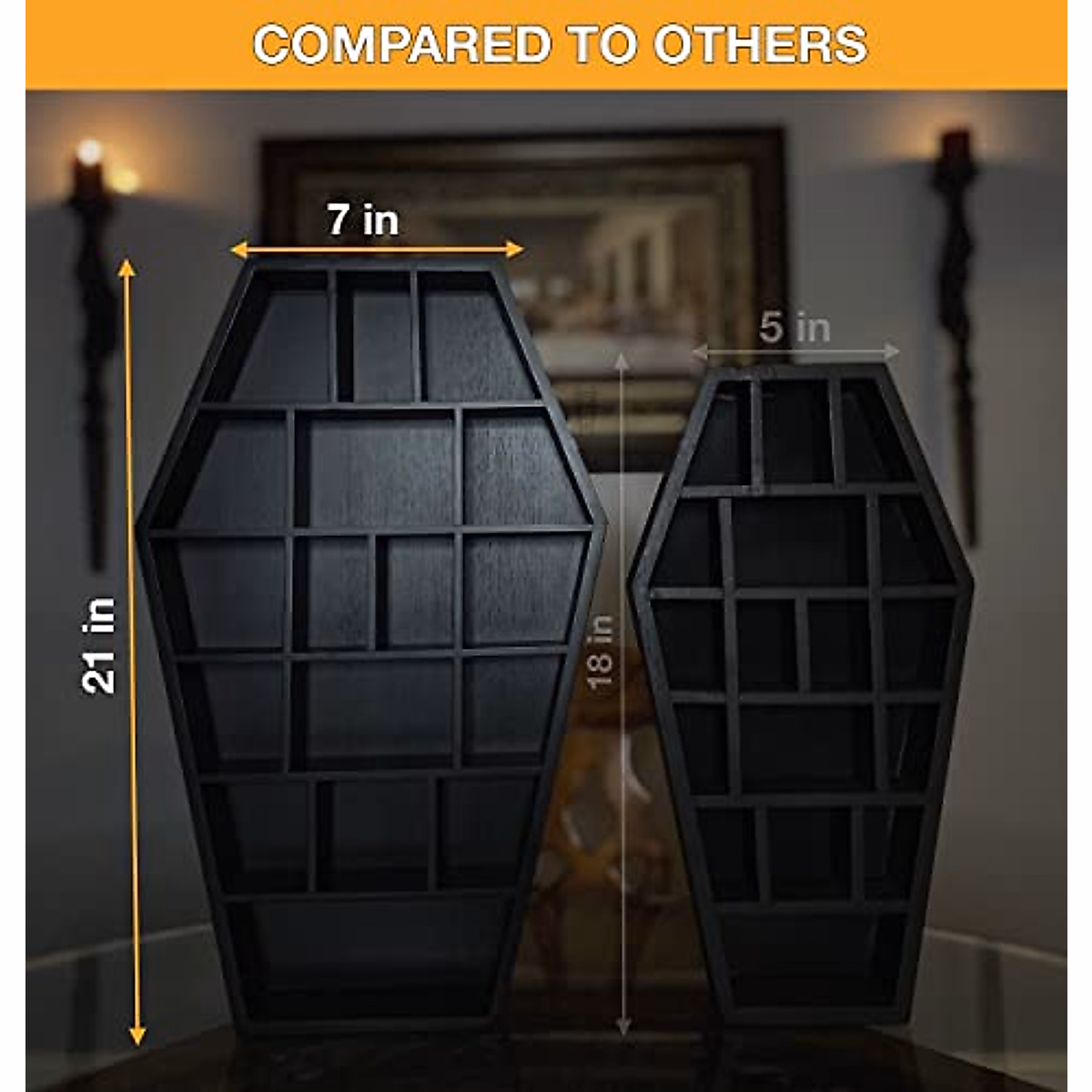 DoomRealm™ Extra Large Bamboo Coffin Shelf -Spooky Halloween Horror Home Decor Preassembled Floating Goth Shelf Bedroom Bathroom Kitchen Ready Hang Wall Table Top Dark Aesthetic Witchy Vampire Room