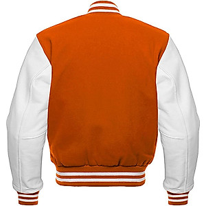 VarsityBlend Leatherman: The Ultimate Men's Wool & Leather Jacket for College Fashion (as1, alpha, s, regular, regular, Orange/white)