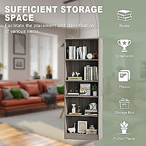 VICLLAX 5-Shelf Wood Bookcase, Narrow Adjustable Open Bookshelf, Tall Display Storage Shelf for Living Room, Bedroom, Kids Room, Office, Grey