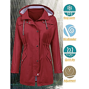 LOMON Raincoat Women Waterproof Long Hooded Trench Coats Lined Windbreaker Travel Jacket Wine Red XL