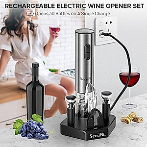 Secura Home Electric Wine Opener Set, Type C Cordless Rechargeable Corkscrew Wine Bottle Opener with Storage Base, Wine Aerator, 2 Vacuum Wine Stoppers, Foil Cutter for Wine Lover Gift Kit