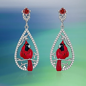 Cardinal Earrings for Women S925 Sterling Silver Teardrop Dainty Cute Dangle Drop Piercing Stud Red Fashion Hypoallergenic Crystal Ruby Animal Bird Valentine's Day Jewelry