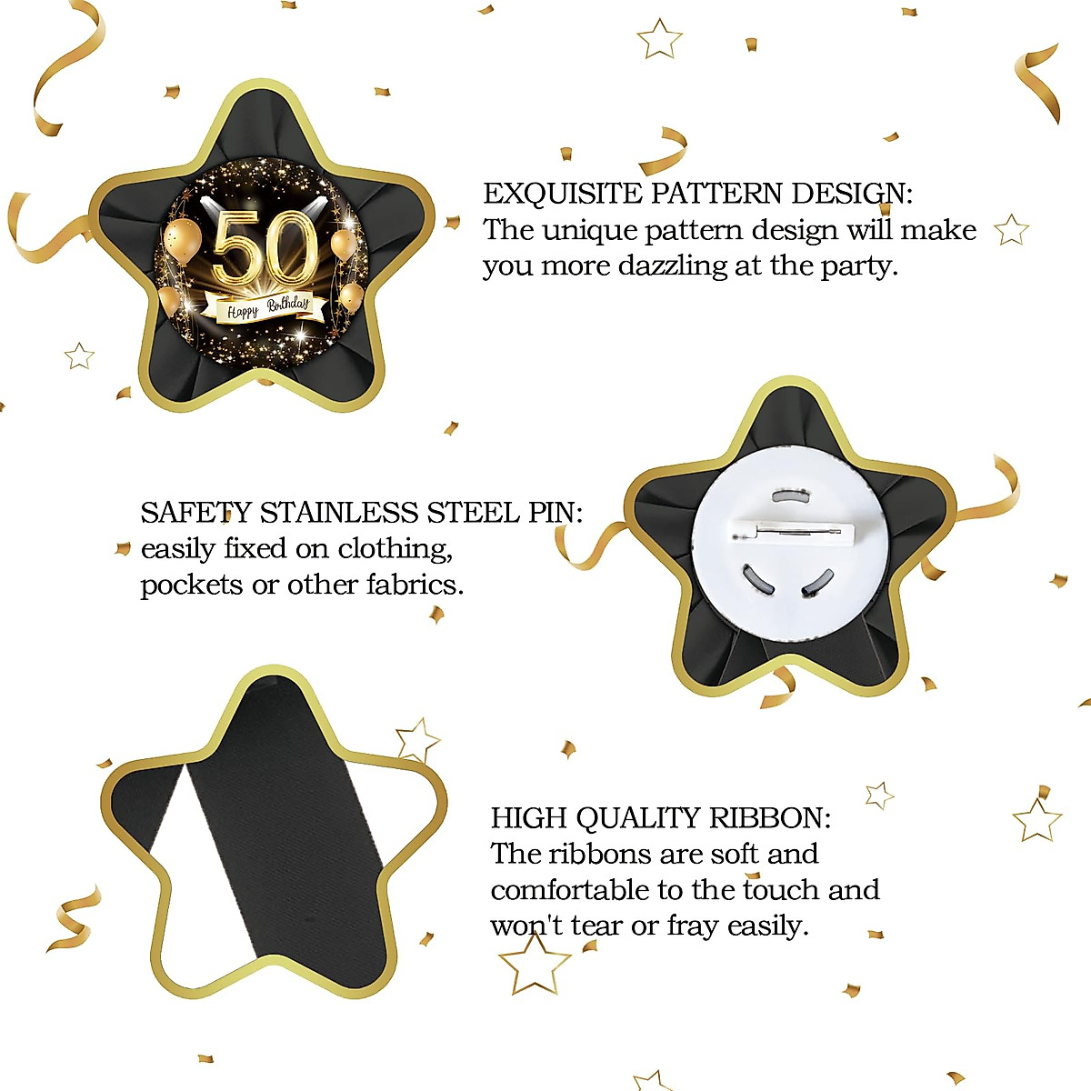 Black Happy 50th Birthday Tinplate Badge Pin, Black Rosette Birthday Button for Men Women, Golden Balloon 50th Birthday Award Badge Pin, Fifty Years Old Birthday Party Decorations