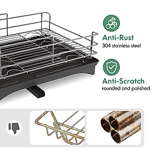 Qienrrae Dish Drying Rack, 2 Tier Large Rack and Drainboard Set with Swivel Spout, Stainless Steel Drainer for Kitchen Counter Wine Glass Holder, Utensil Mat