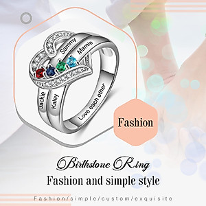 Personalized Mom Daughter Rings Custom Heart Ring with 1-8 Simulated Birthstones Promise Ring Engraved 1-8 Family Name Ring Jewelry Gift for Mother's Day(4 stone)