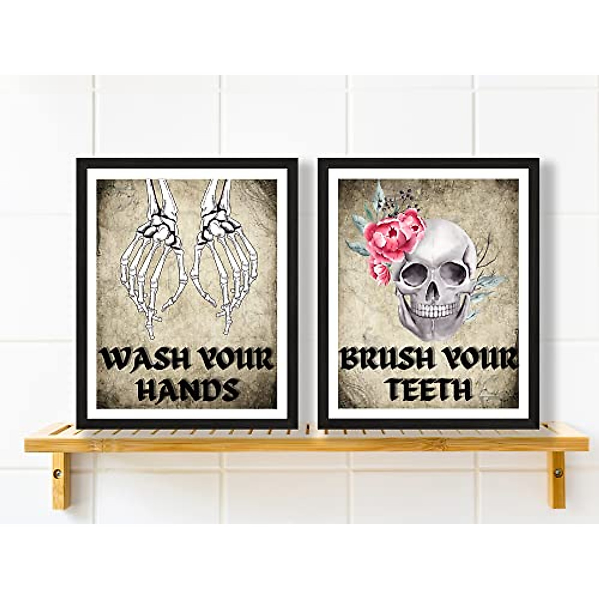Roxbury Row Goth Bathroom Decor | Skeleton Decor, Skull Decor | Funny Bathroom Signs, Floral Skull Bathroom Decor Sets | Halloween Bathroom Decor Set (Unframed Prints) (Set of 3: Wash/Brush/Flush)