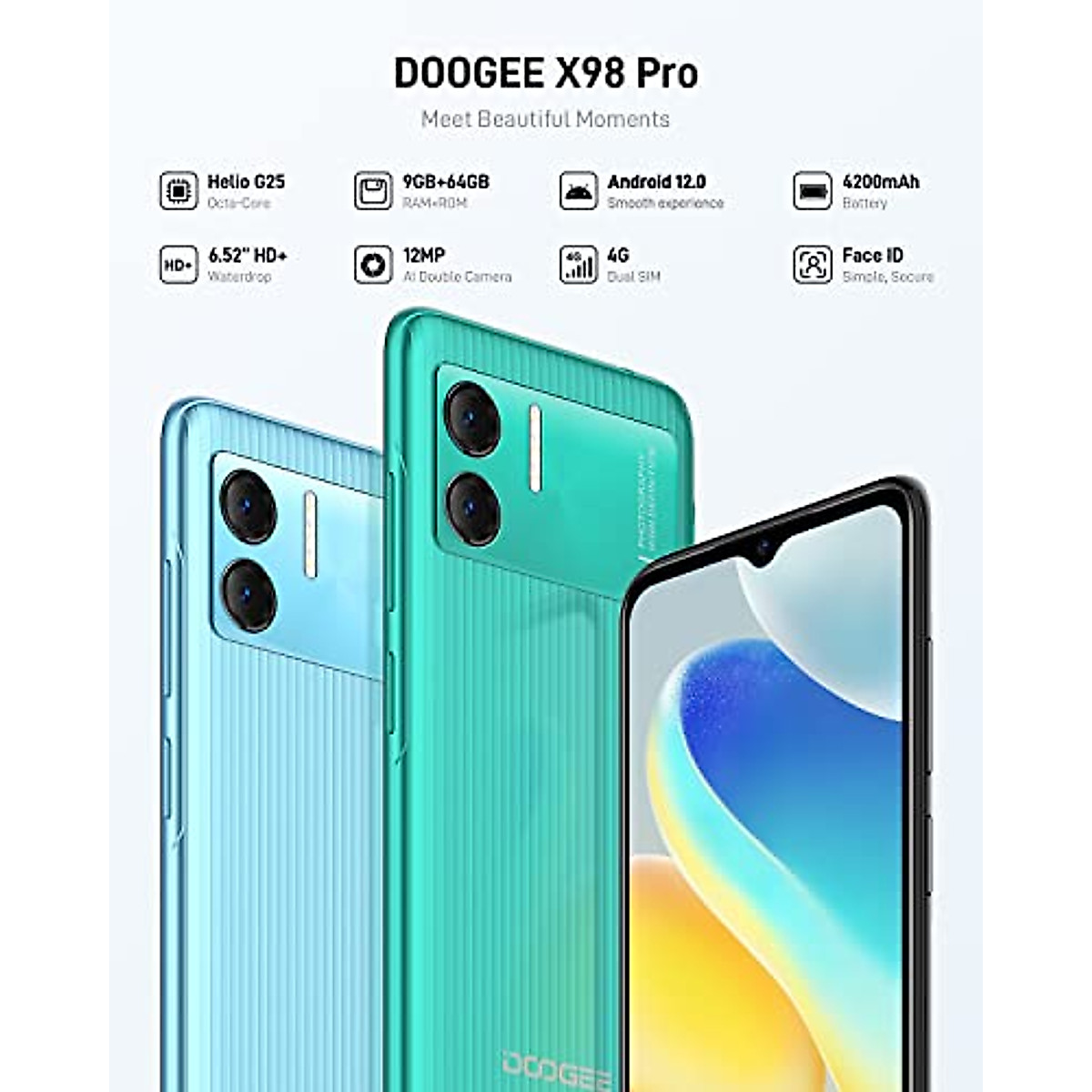 DOOGEE Android Phone 2023, X98 PRO 9GB+64GB Android 12 Cell Phones, Helio G25 Octa Core, Dual 4G Phones Unlocked, 6.5" FHD+ Display Smartphone, 4200mAh, Face ID, T-Mobile, US Version