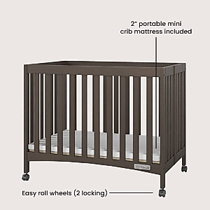 Child Craft London Mini Compact Folding Portable Crib with 2” Crib Mattress and 2 Easy Roll Locking Wheels, Durable Pine Wood Construction (Dapper Gray)