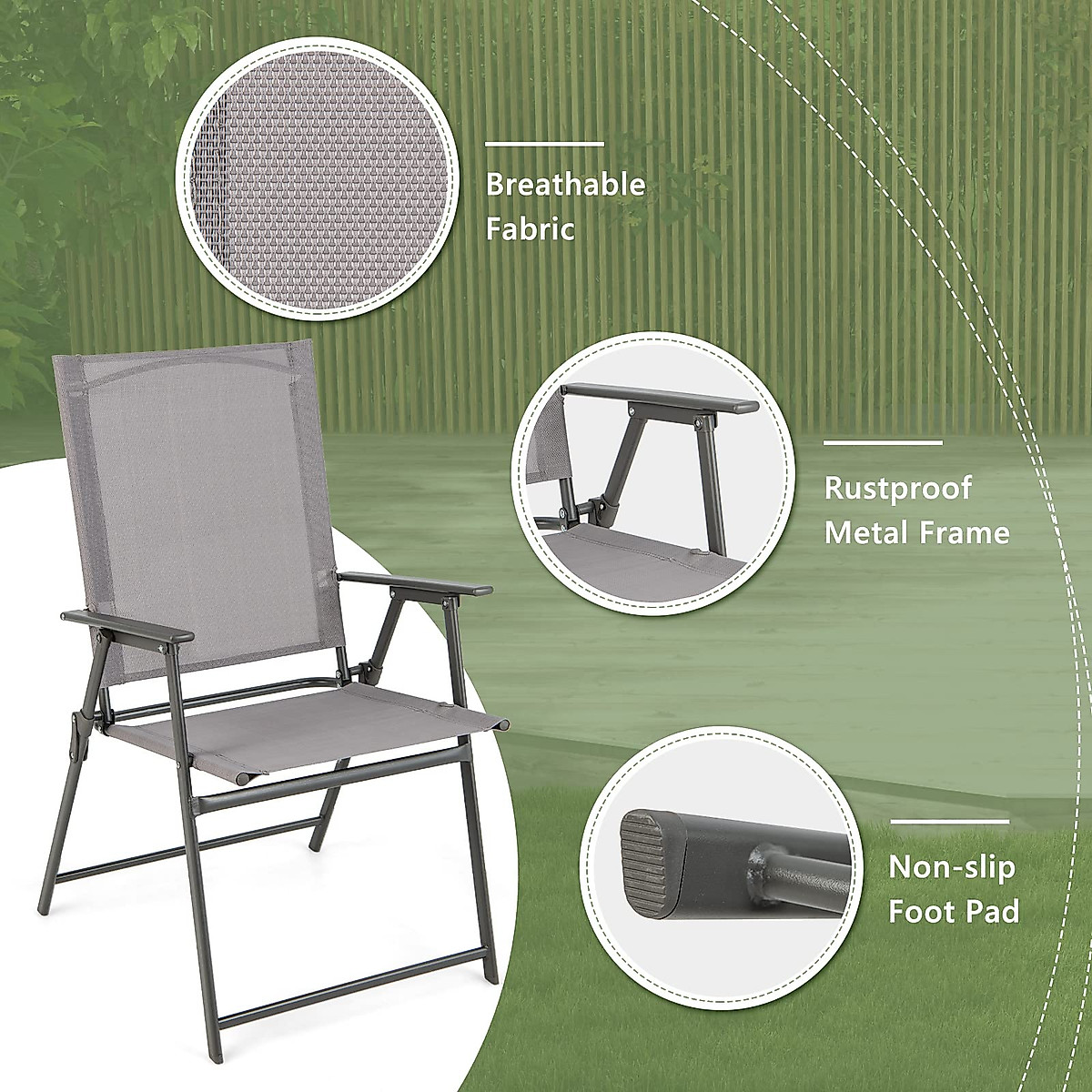 Giantex Patio Folding Chairs Set of 4, Outdoor Lawn Chairs with Rustproof Metal Frame, Portable Dining Chairs for Porch, Deck, Garden, Backyard, Camping, Gray
